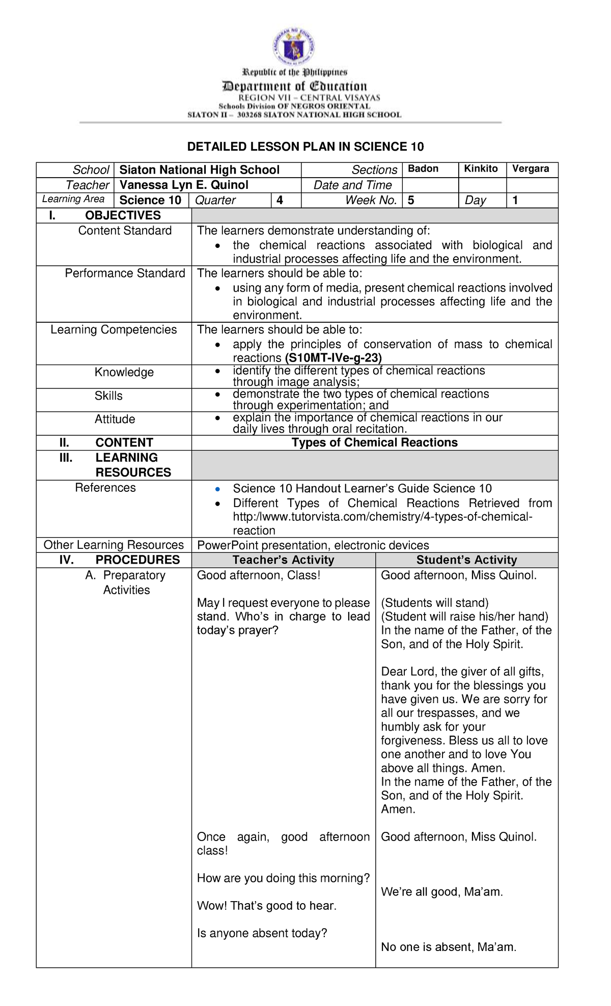 Final DEMO Types OF Chemical Reaction - DETAILED LESSON PLAN IN SCIENCE ...