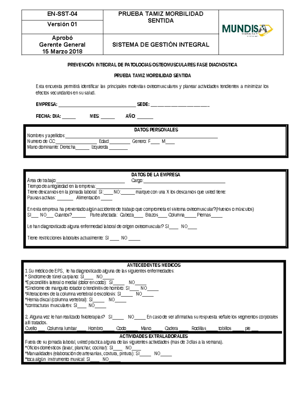 Encuesta Morbilidad Sentida - EN-SST-04 PRUEBA TAMIZ MORBILIDAD SENTIDA ...