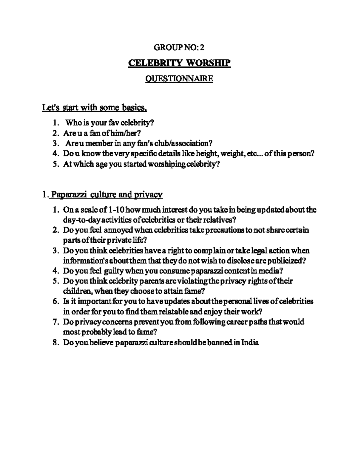 Celebrity Worship Questionnaire - Ima political science - Studocu