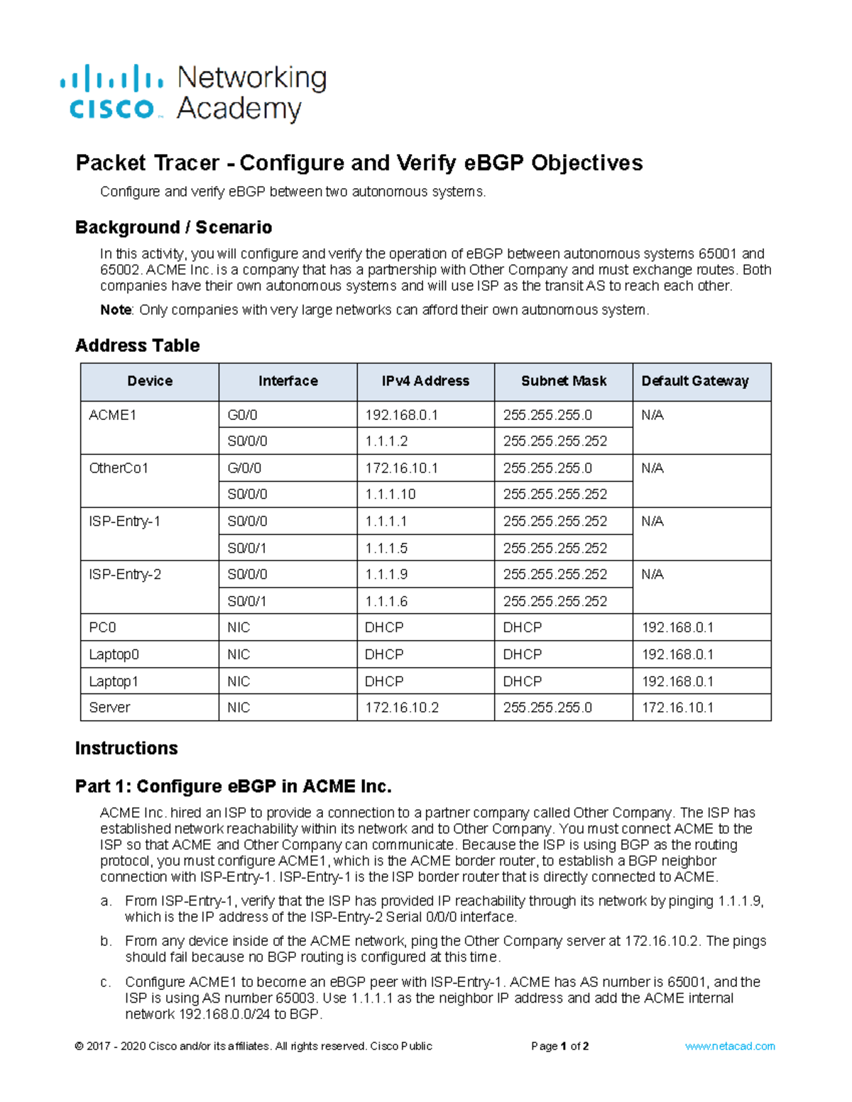 11.2.1 Packet Tracer - Configure and Verify e BGP Sean Daravikchay - Packet Tracer - Configure ...