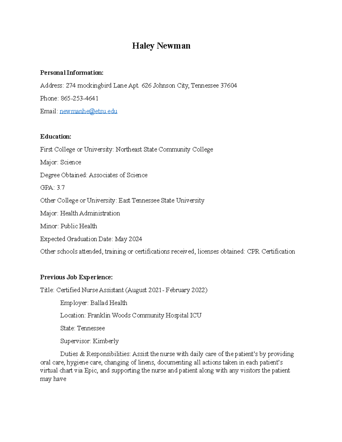 Resume Complete Health Assessment - Haley Newman Personal Information ...