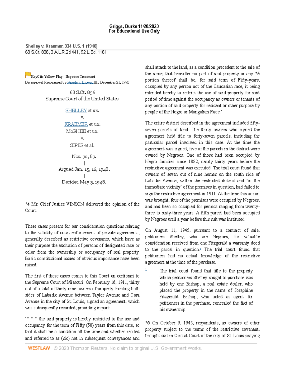 Shelley v Kraemer - an american case law - For Educational Use Only ...