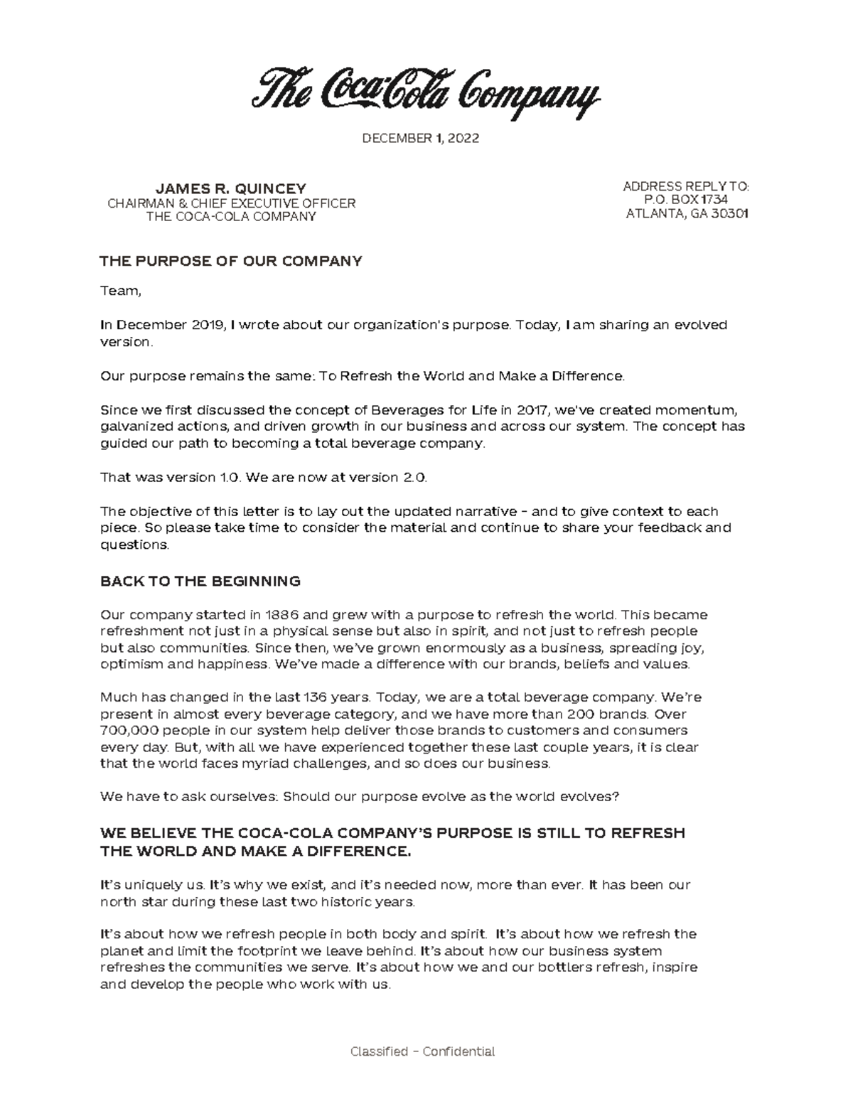 James quincey letter to employees coca cola company purpose dec 2022 ...