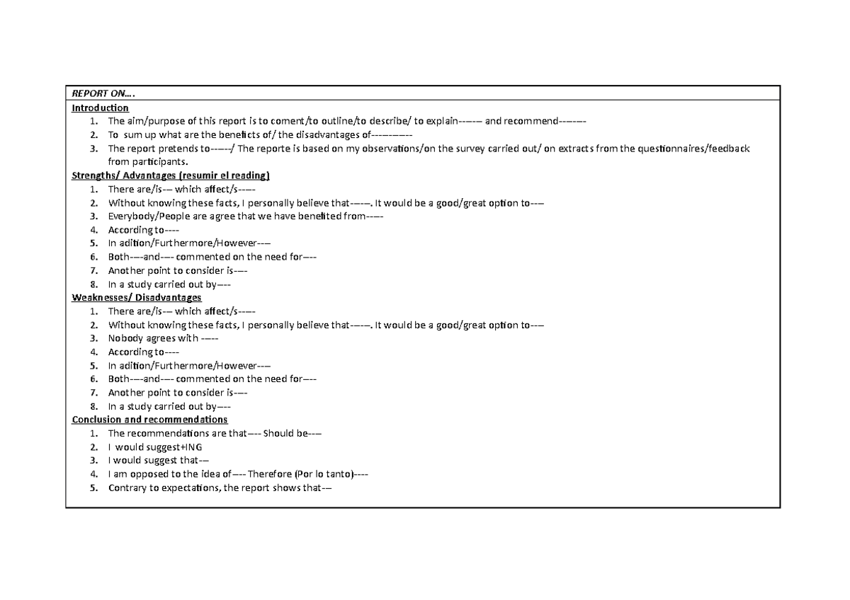 First tipos de writings - REPORT ON.... Introduction 1. The aim/purpose ...