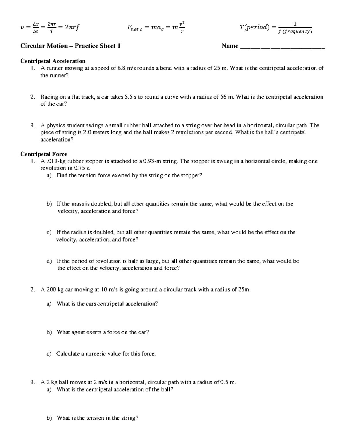 CM2 - n/a - ( ) ( ) Circular Motion – Practice Sheet 1 Name ...