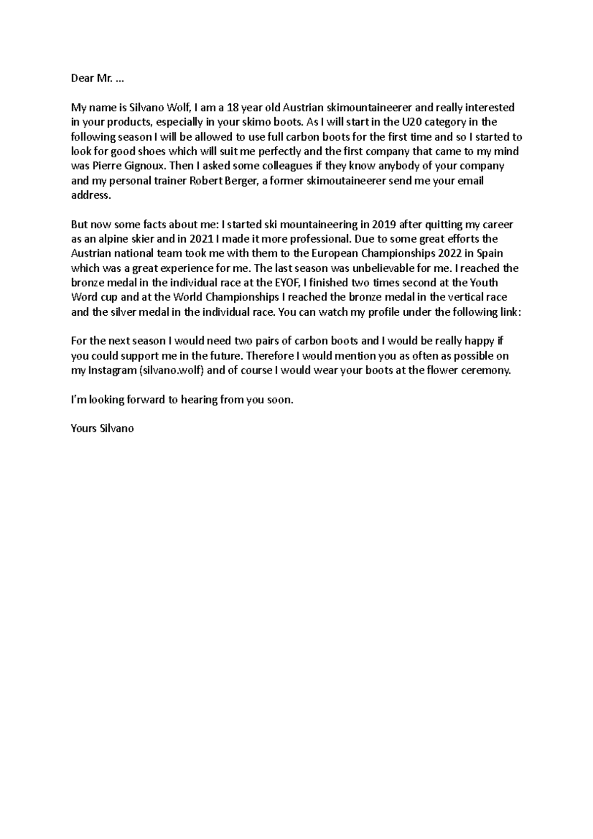 Gignoux - sommer - Dear Mr. ... My name is Silvano Wolf, I am a 18 year ...