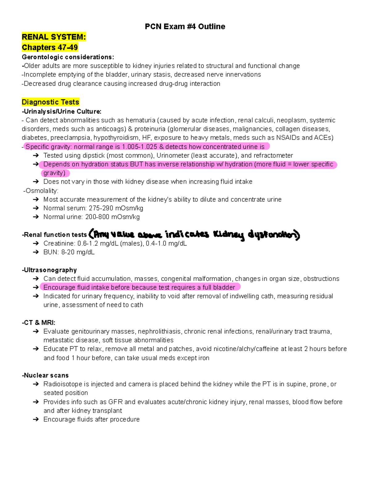 PCN EXAM 4 Outline - PCN Exam #4 Outline RENAL SYSTEM: Chapters 47 ...