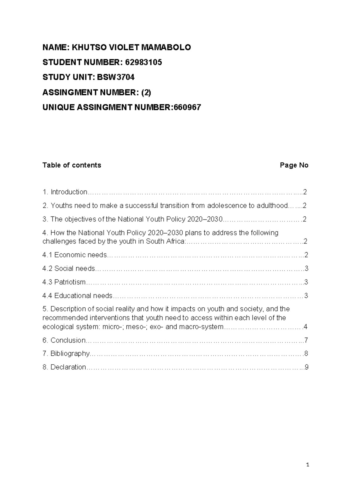 BSW3704 A2 - notes - NAME: KHUTSO VIOLET MAMABOLO STUDENT NUMBER ...
