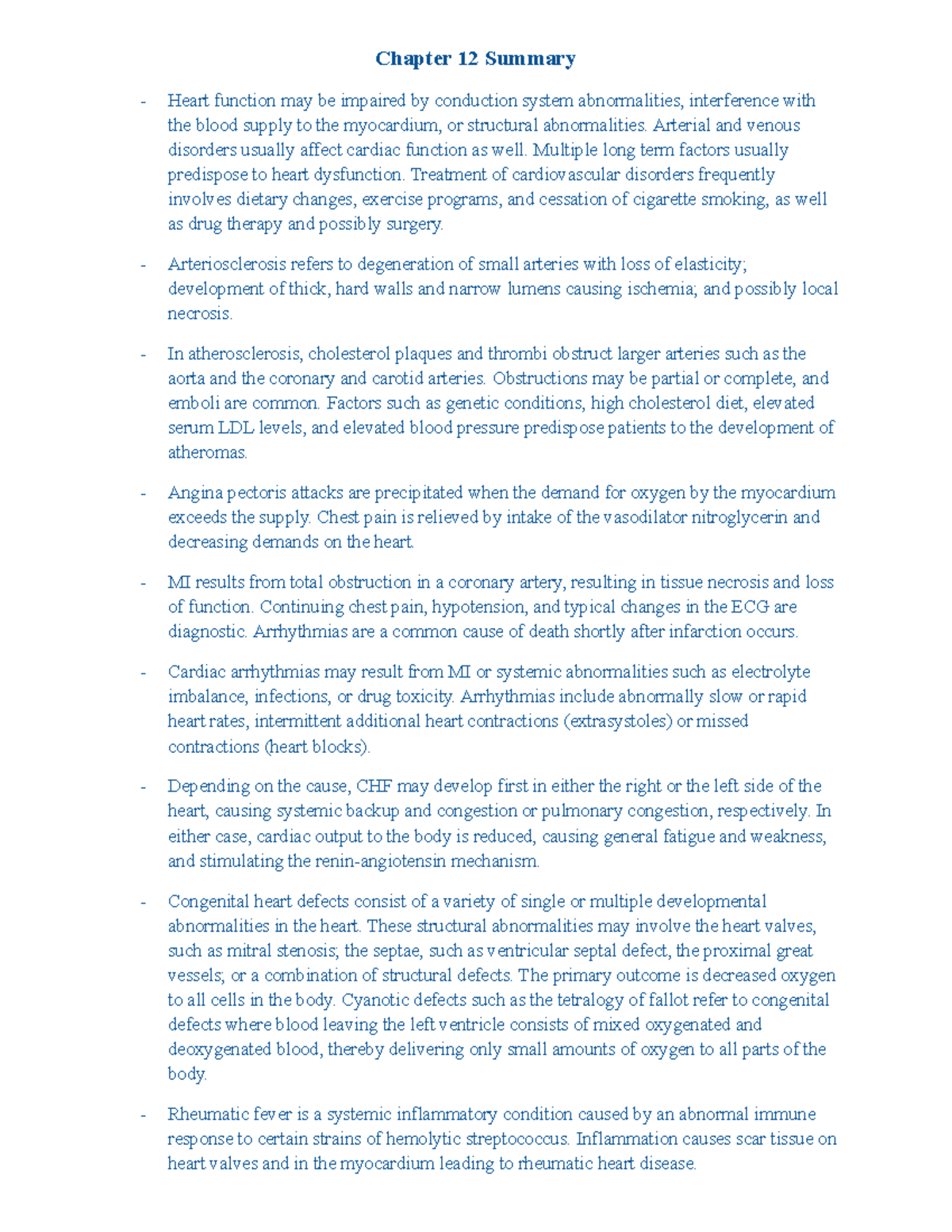 Pathophysiology Textbook Chapter 12 Summary - Chapter 12 Summary Heart ...