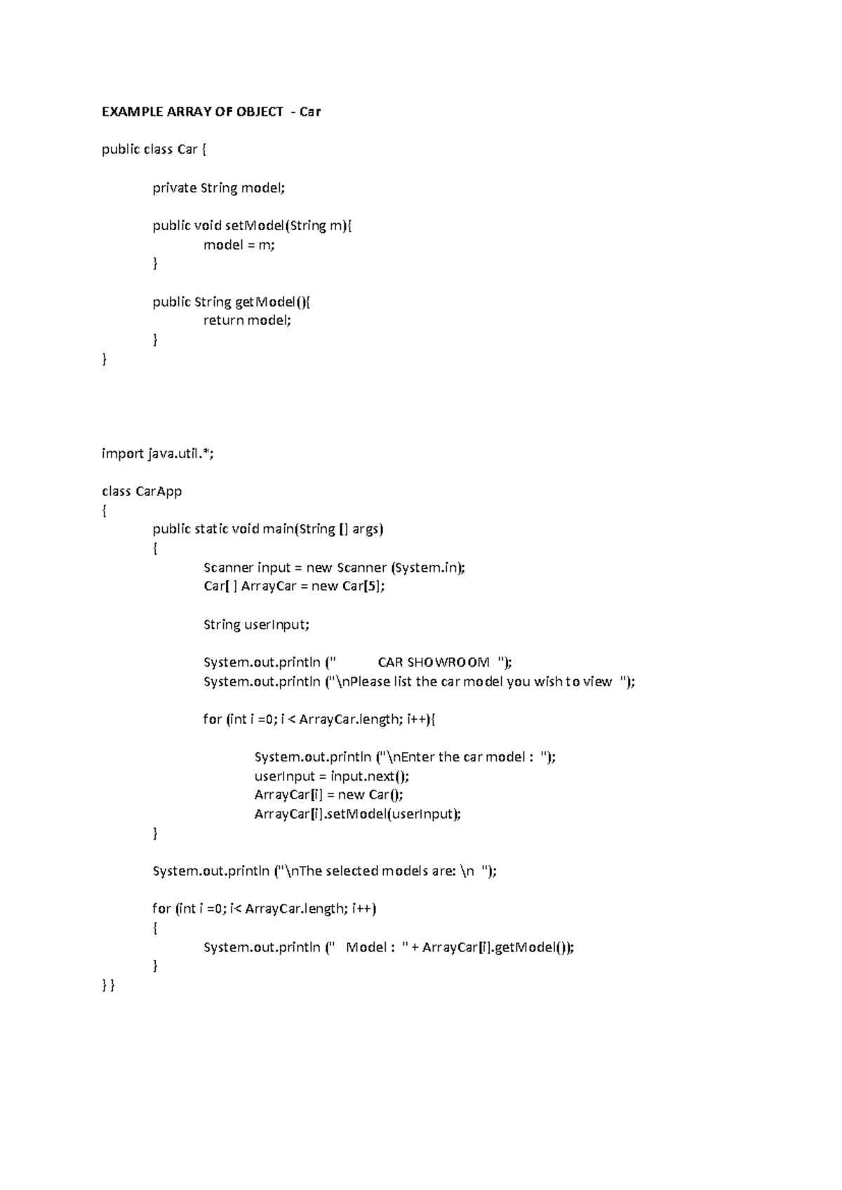 Example Array OF Object Car - EXAMPLE ARRAY OF OBJECT - Car public ...