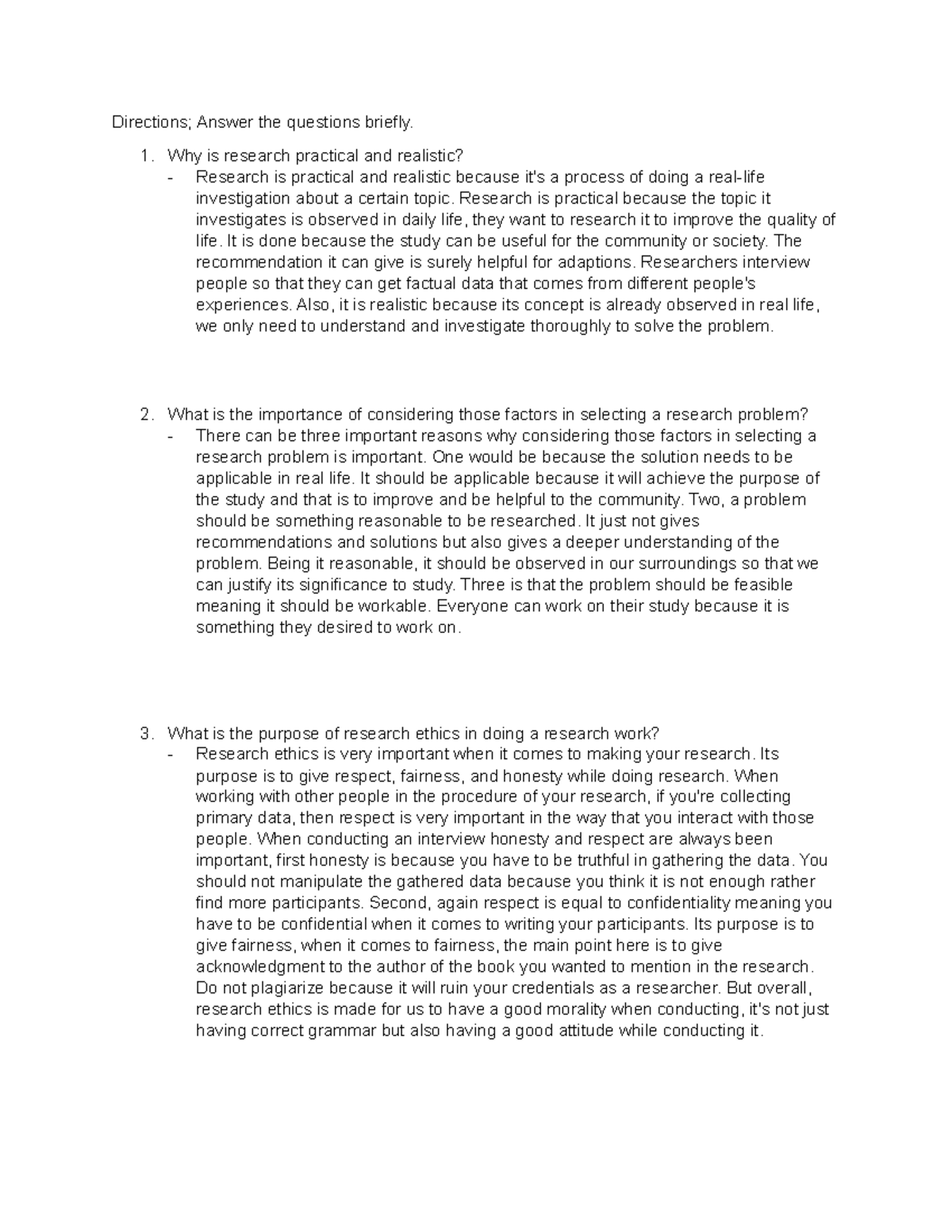 Research - Directions; Answer the questions briefly. Why is research ...