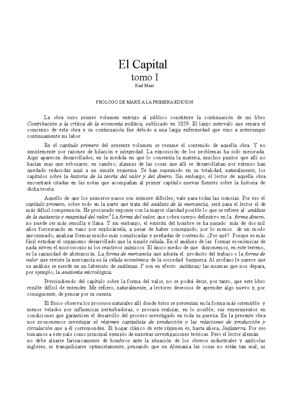 Karl-Marx-El-Capital-I - CAP I - El Capital tomo I Karl Marx PROLOGO DE ...