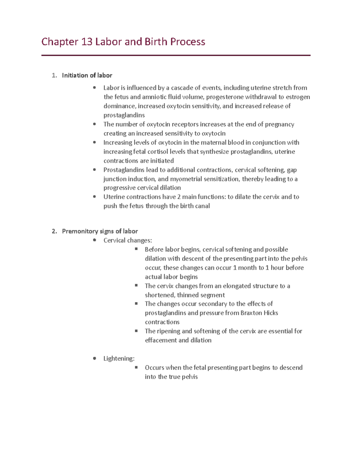 Chapter 13 Labor and Birth process notes - Chapter 13 Labor and Birth ...