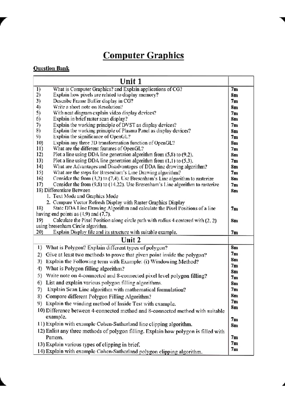 CG Question BANK - Computer Graphics Question Bank Unit 1 1) What is Computer Graphics? and ...