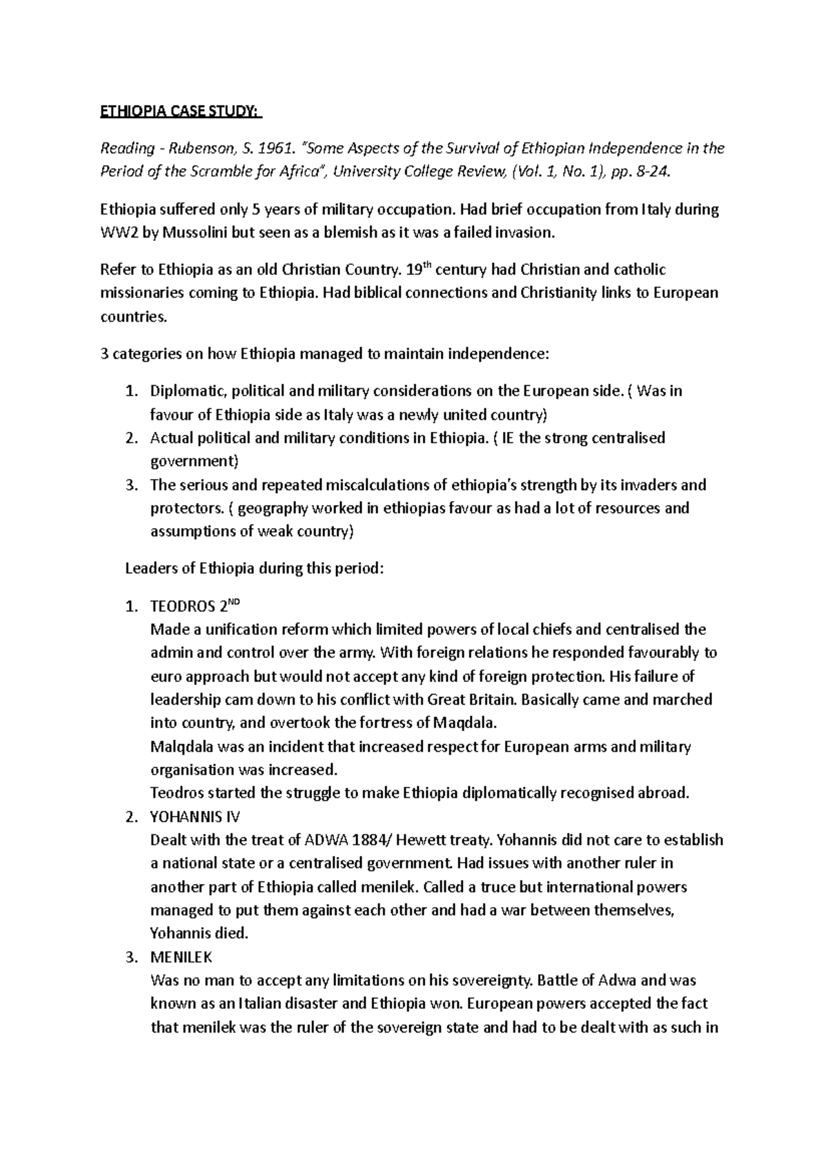 Ethiopia CASE Study - ETHIOPIA CASE STUDY: Reading - Rubenson, S. 1961 ...