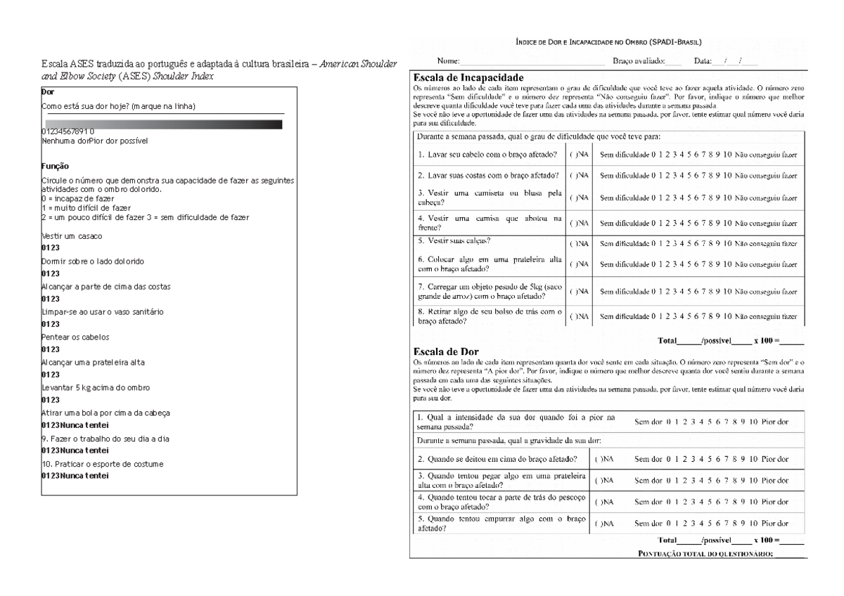 Escalas ASES e Spadi - Tabelas - Escala ASES traduzida ao português e ...