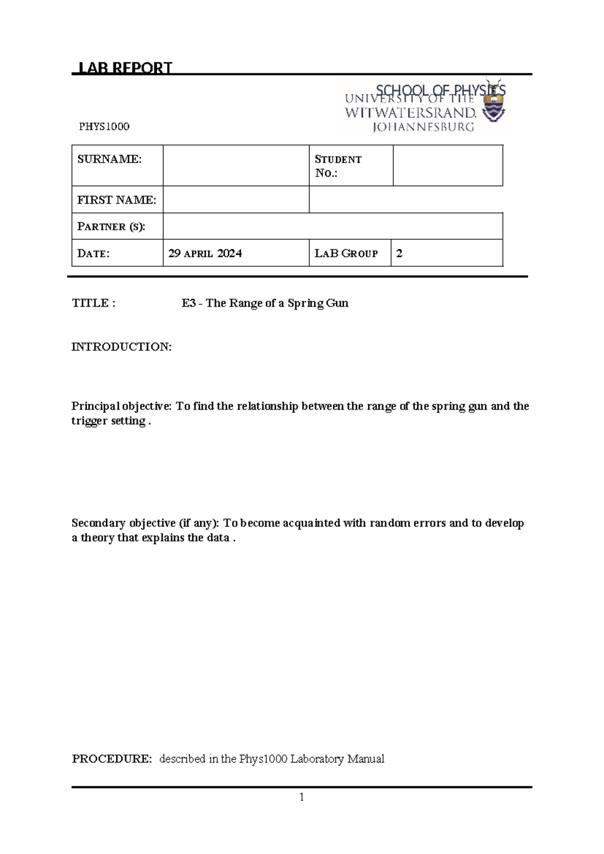 EXP03 - Spring Gun - Lab Report Template - LAB REPORT SCHOOL OF PHYSICS ...