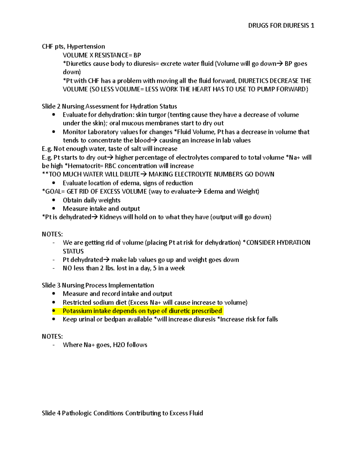 Diuretic Dr. T Notes TEST 2 - CHF pts, Hypertension VOLUME X RESISTANCE ...
