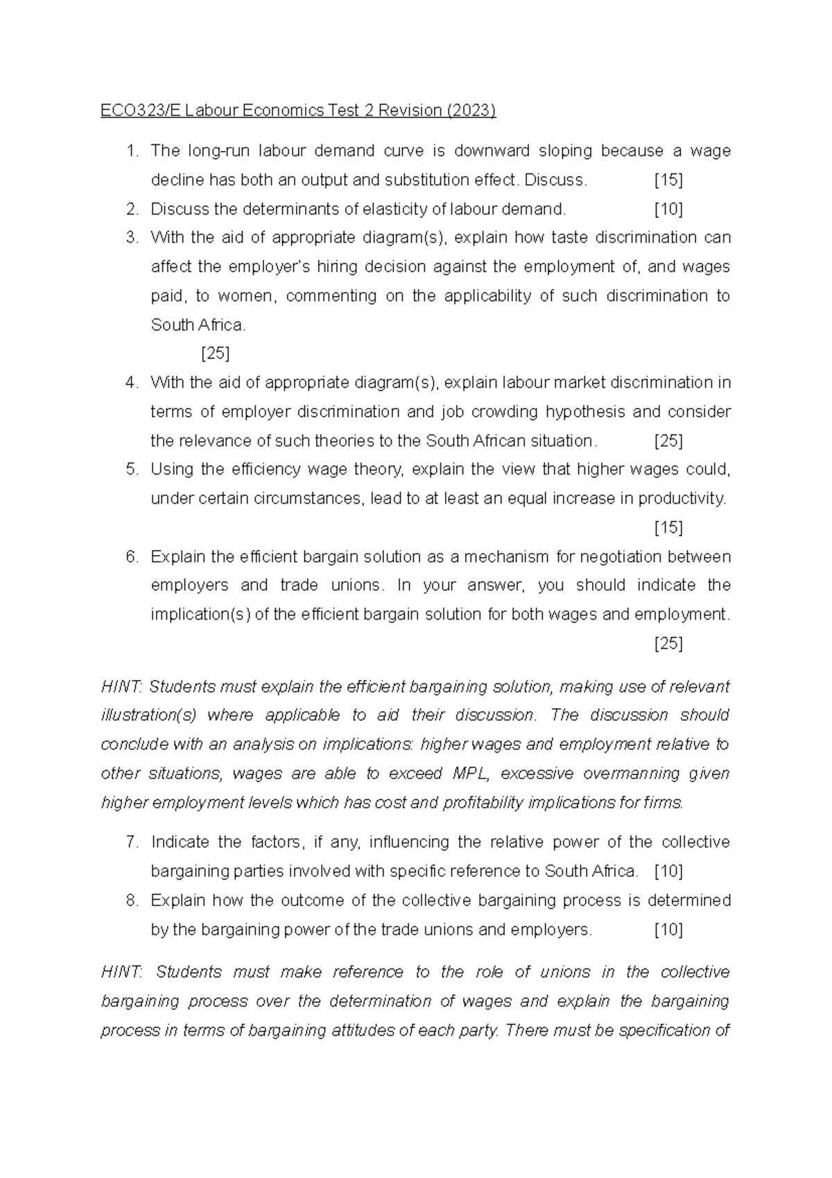 ECO323 test 2 revision questions - ECO323/E Labour Economics Test 2 ...