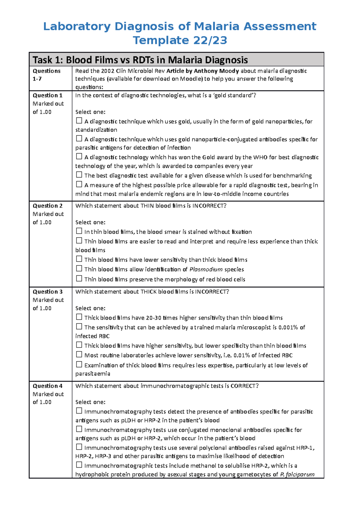 Malaria Assessment 2223 - Laboratory Diagnosis of Malaria Assessment ...