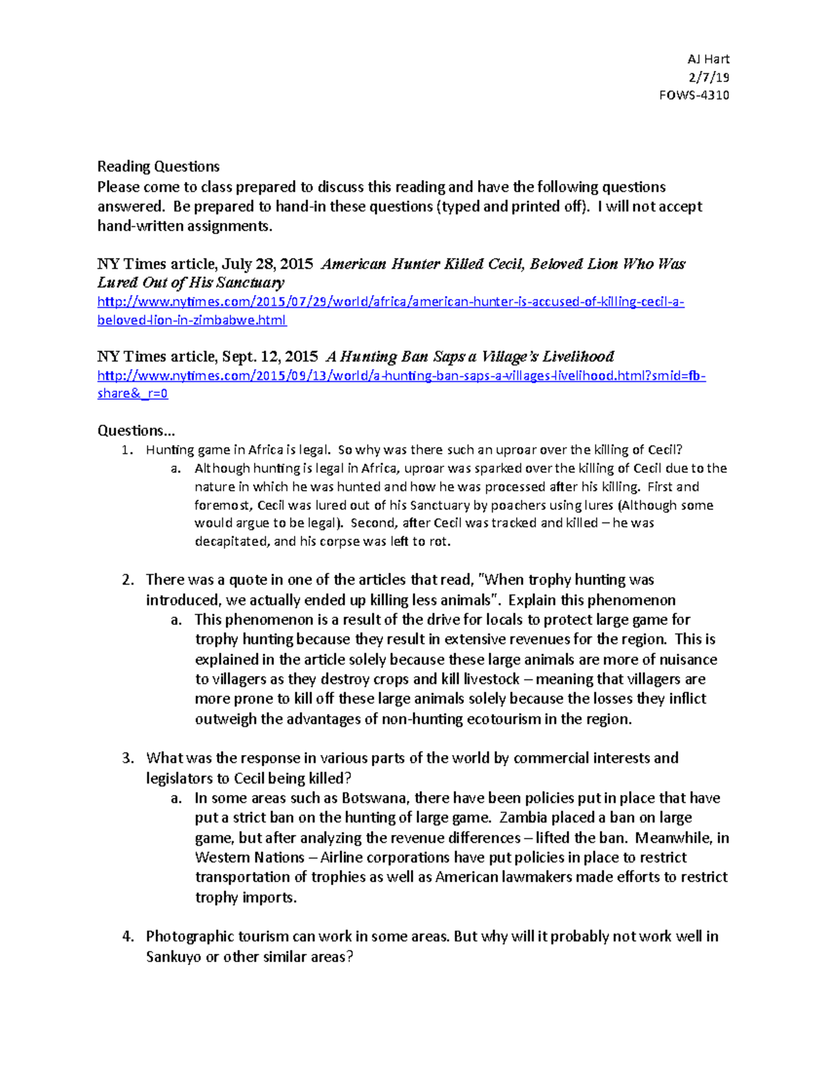 NYT Cecil the Lion Reading Questions - AJ Hart 2/7/ FOWS- Reading ...