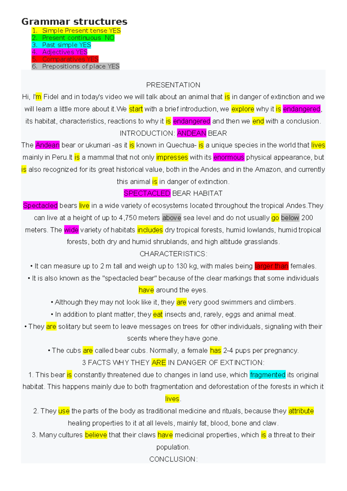 Feedback - ddd - Grammar structures 1. Simple Present tense YES 2 ...