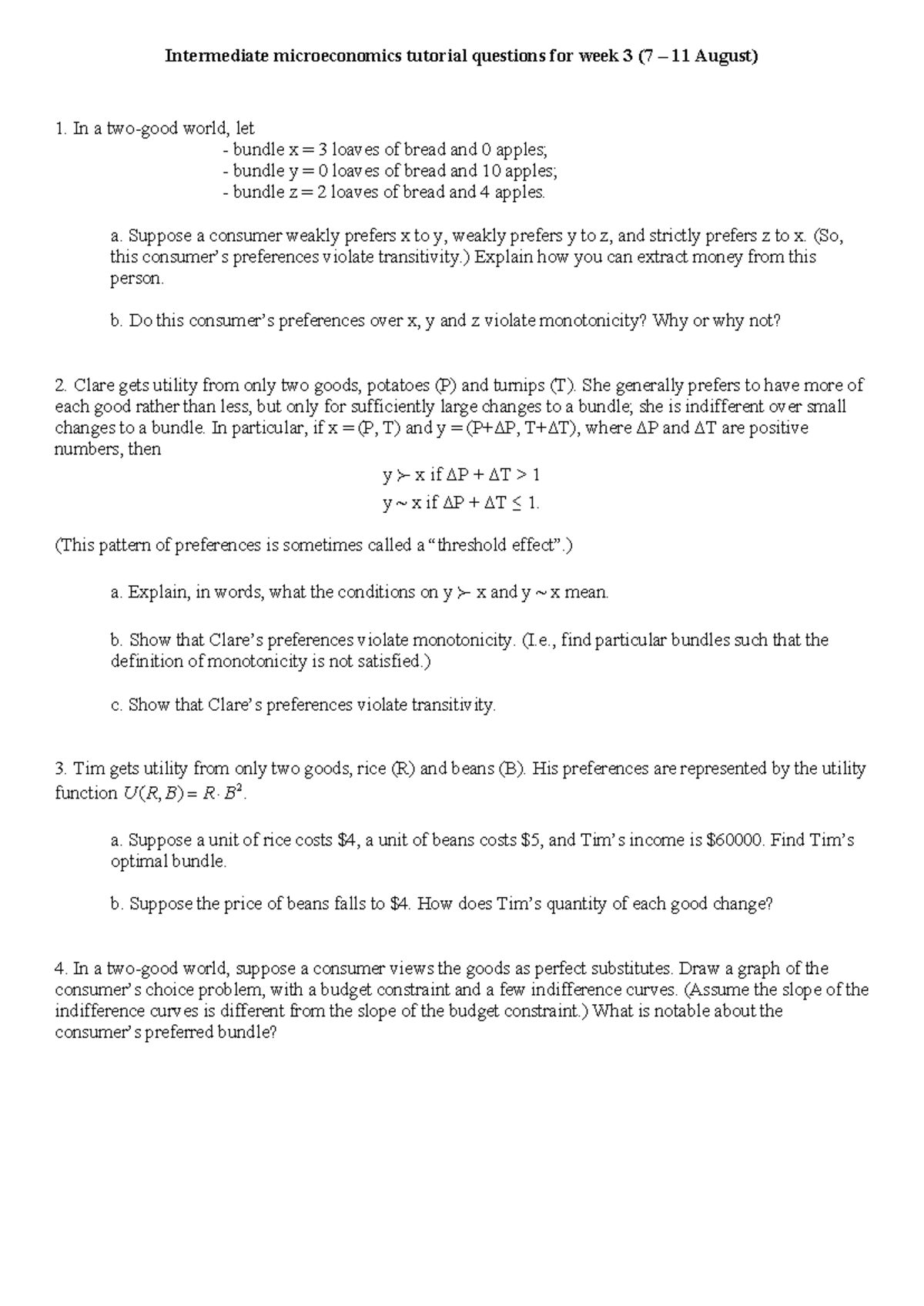 Questions tutorial week03 - Intermediate microeconomics tutorial ... Questions tutorial week03 - Intermediate microeconomics tutorial ...