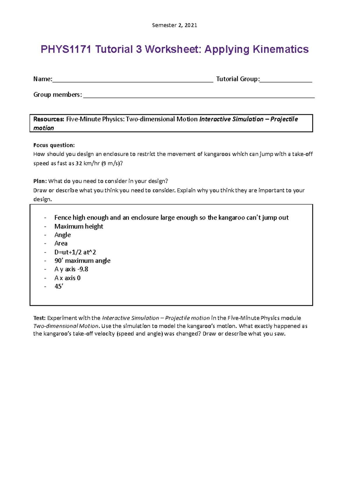 PHYS1171 2021s2.Tutorial 03 Worksheet - Applying Kinematics - Semester ...