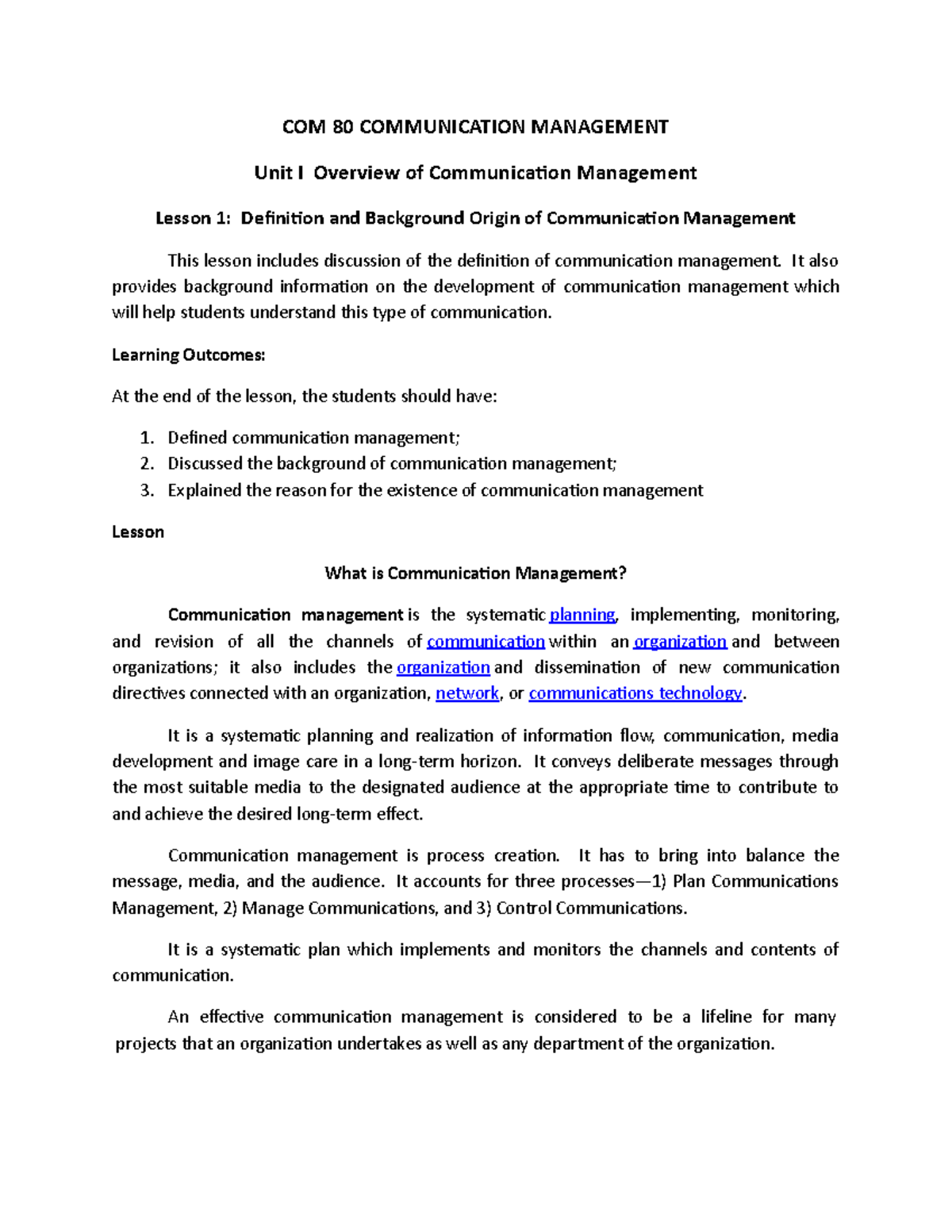 Lecture Lesson 1 Definition and Background of Comm Managment 3 - COM 80 ...