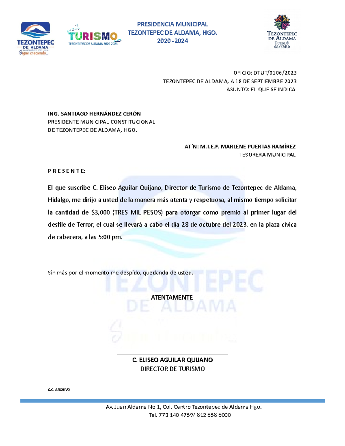 Oficios turismo - TEZONTEPEC DE ALDAMA, HGO. 2020 - OFICIO: DTUT/0106 ...