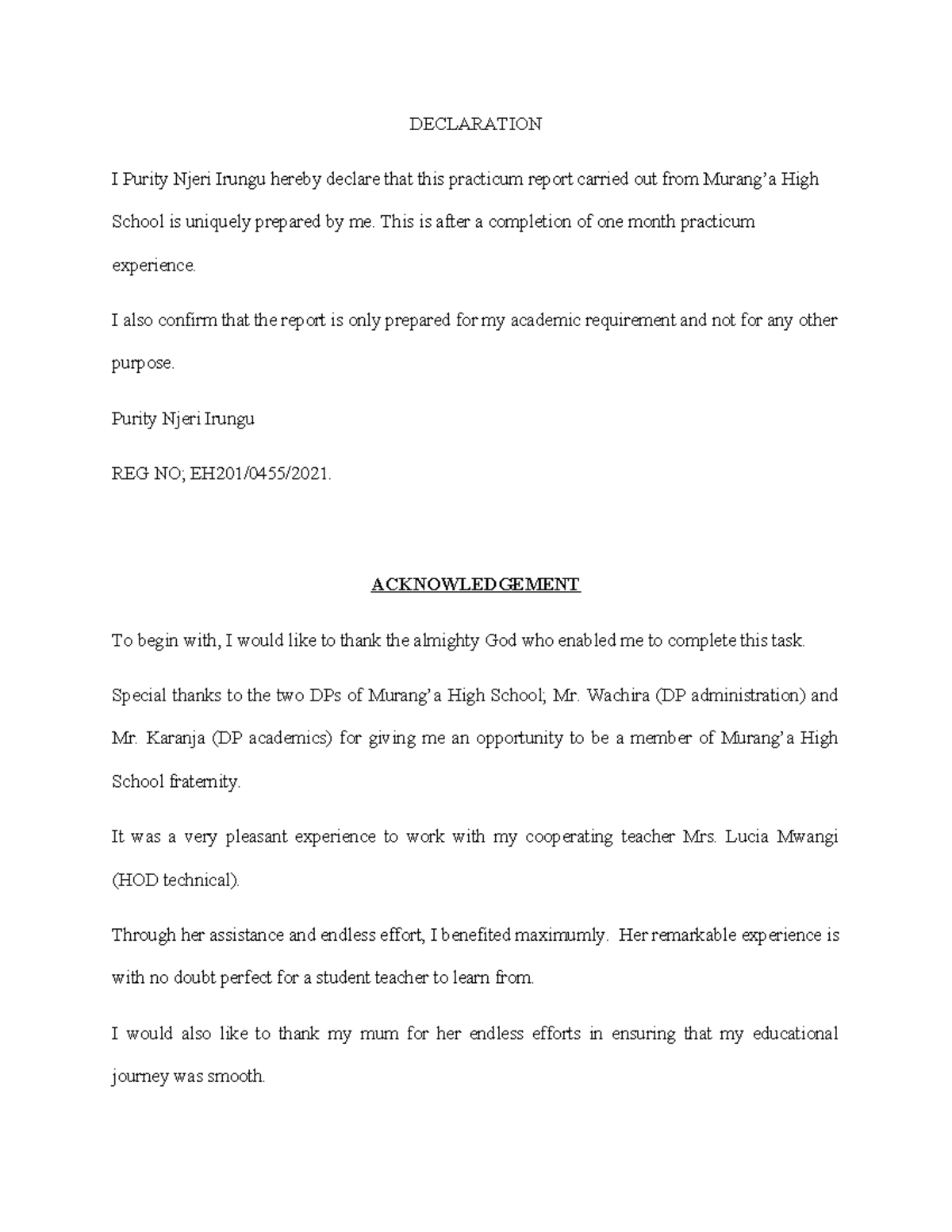 Practicum report - Teaching practices - DECLARATION I Purity Njeri ...
