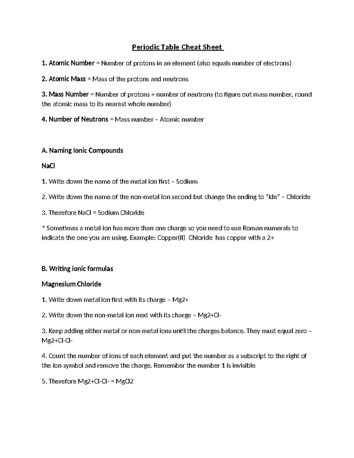 Chemistry cheat sheet - study for test - Periodic Table Cheat Sheet 1 ...