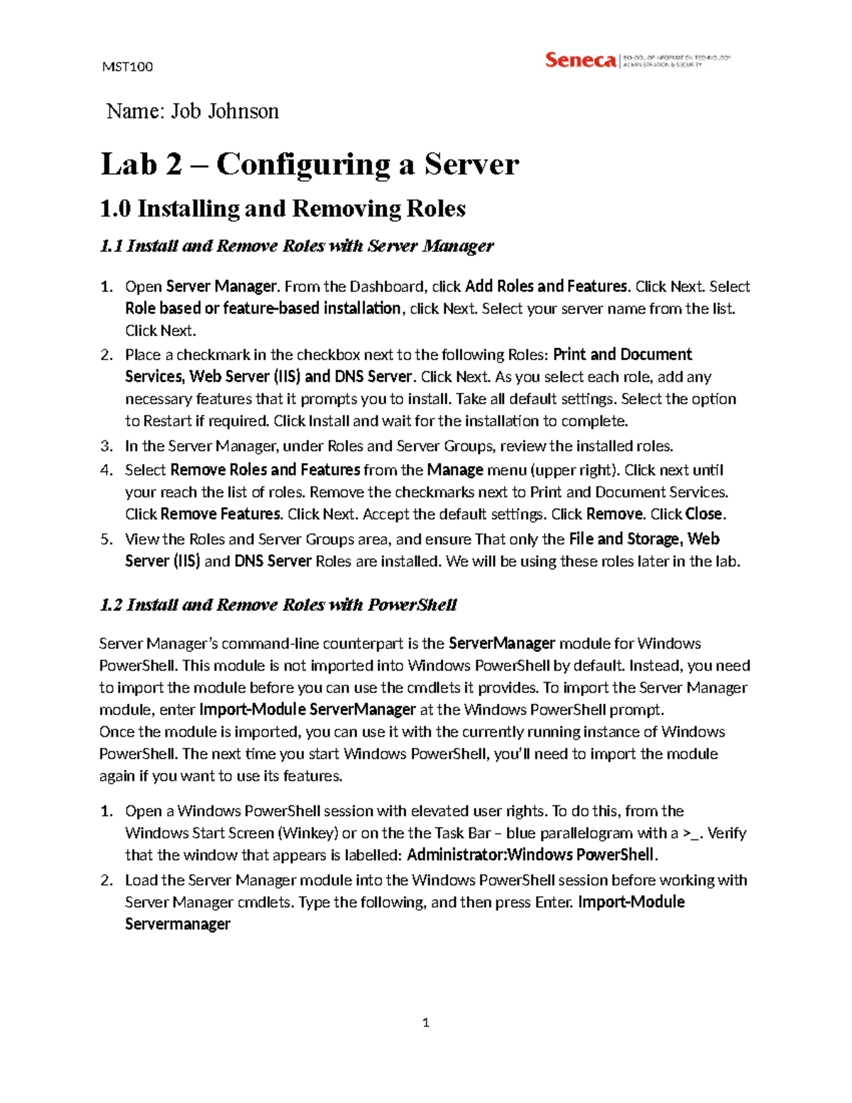 Jjohnson 123 Lab2 - configuring a seerver - MST Name: Job Johnson Lab 2 – Configuring a Server 1 ...