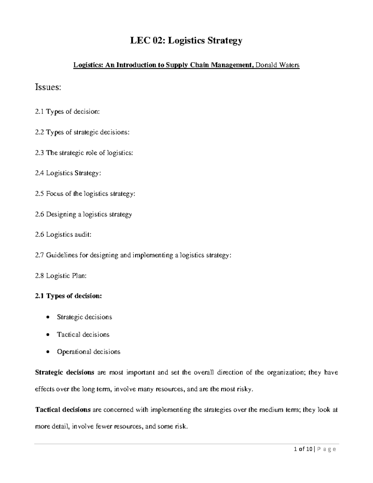 Lecture 02 - Logistics Strategy (Doc) - LEC 02: Logistics Strategy ...