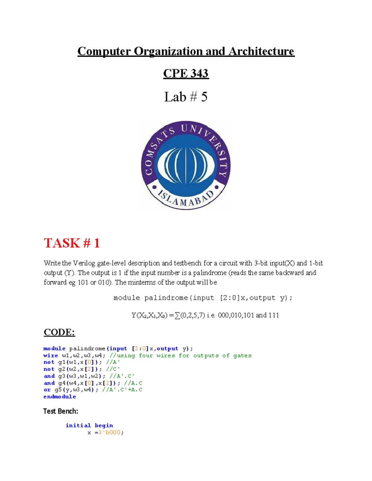 CPE343-Lab 5 - LAB REPORT 5 - Computer Organization and Architecture CPE 343 Lab # 5 TASK # 1 ...