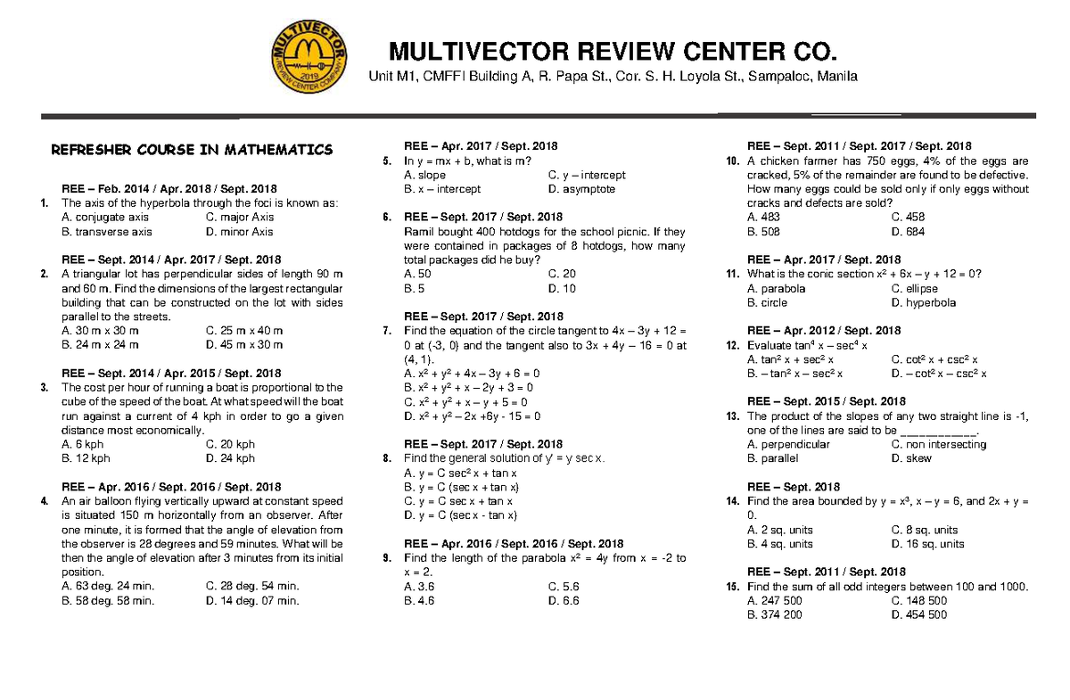 Refresher Course in Mathematics - Unit M1, CMFFI Building A, R. Papa St ...