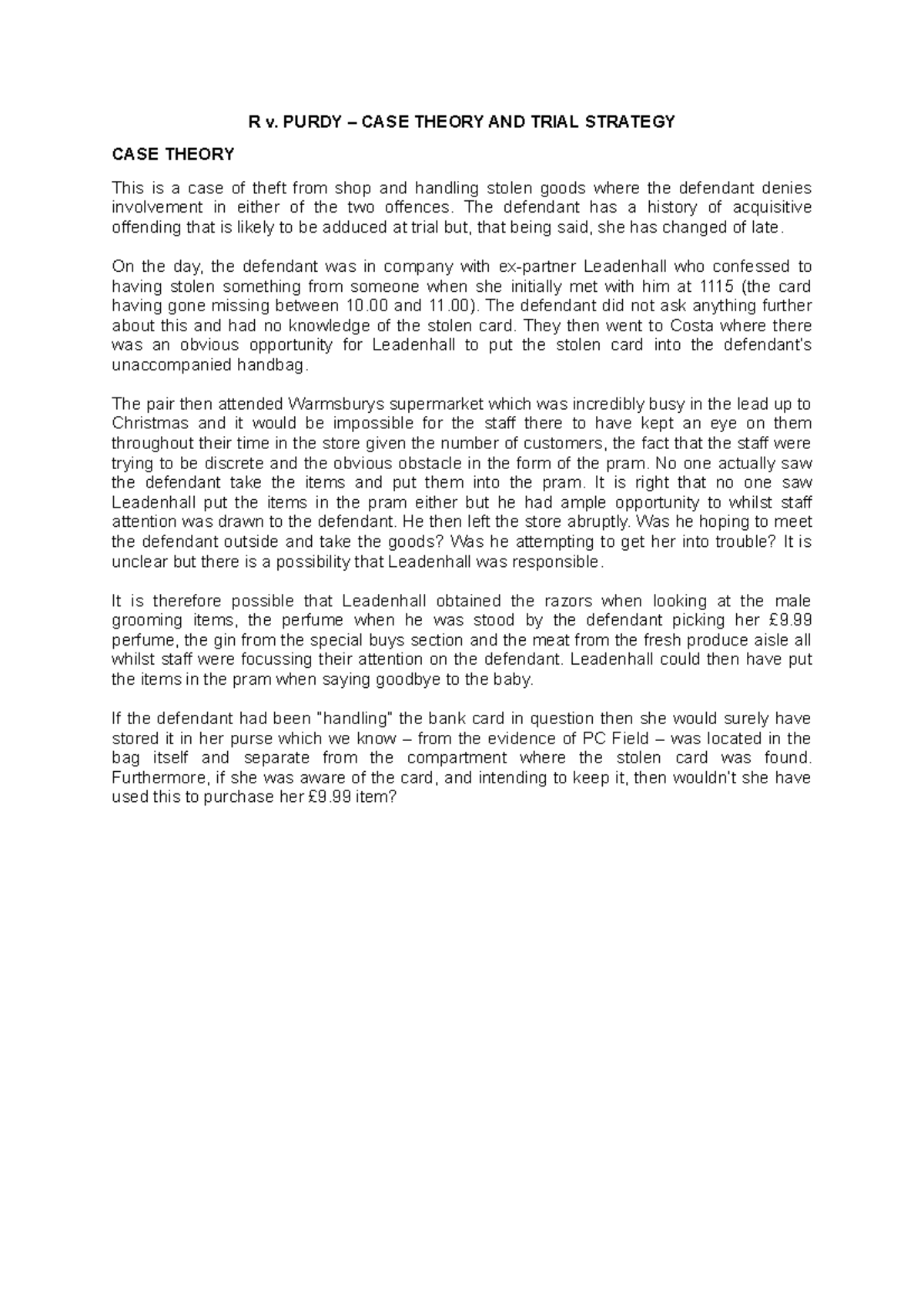 BTC Consolidate R v. Purdy Case Theory and Trial Strategy - R v. PURDY ...