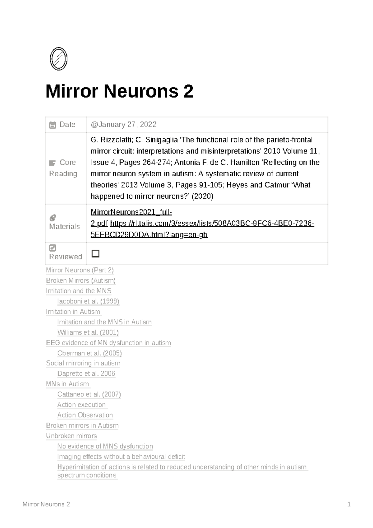 Mirror Neurons 2 - Lecture notes - Mirror Neurons 2 Date Core Reading G ...