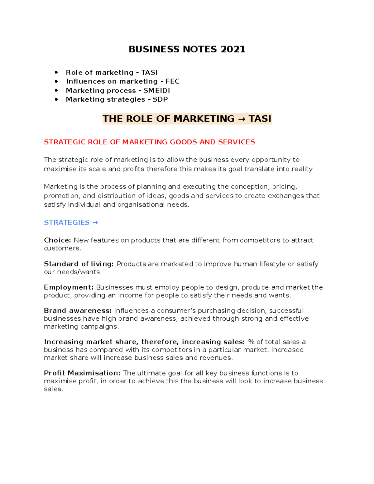 Business notes marketing HSC - BUSINESS NOTES 2021 Role of marketing ...