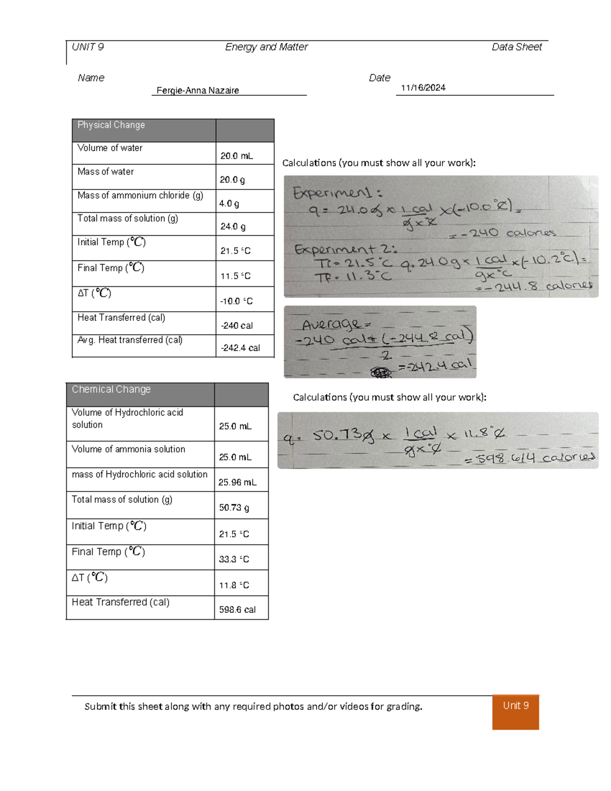 Unit 9 Data Sheet - Name Date Physical Change Volume of water Mass of ...