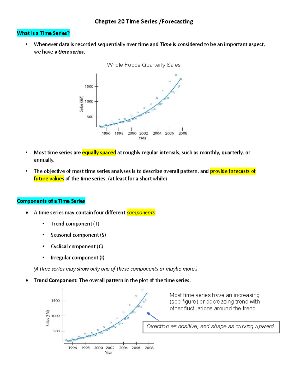 Chapter 20 Notes - note - Chapter 20 Time Series /Forecasting What is a ...