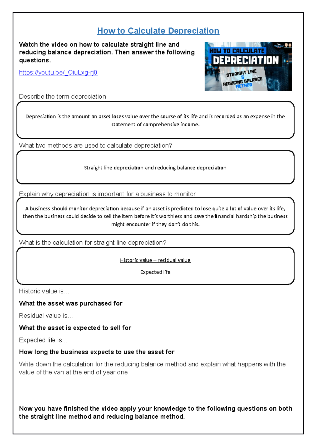 Depreciation Activity Sheet - How to Calculate Depreciation Watch the ...