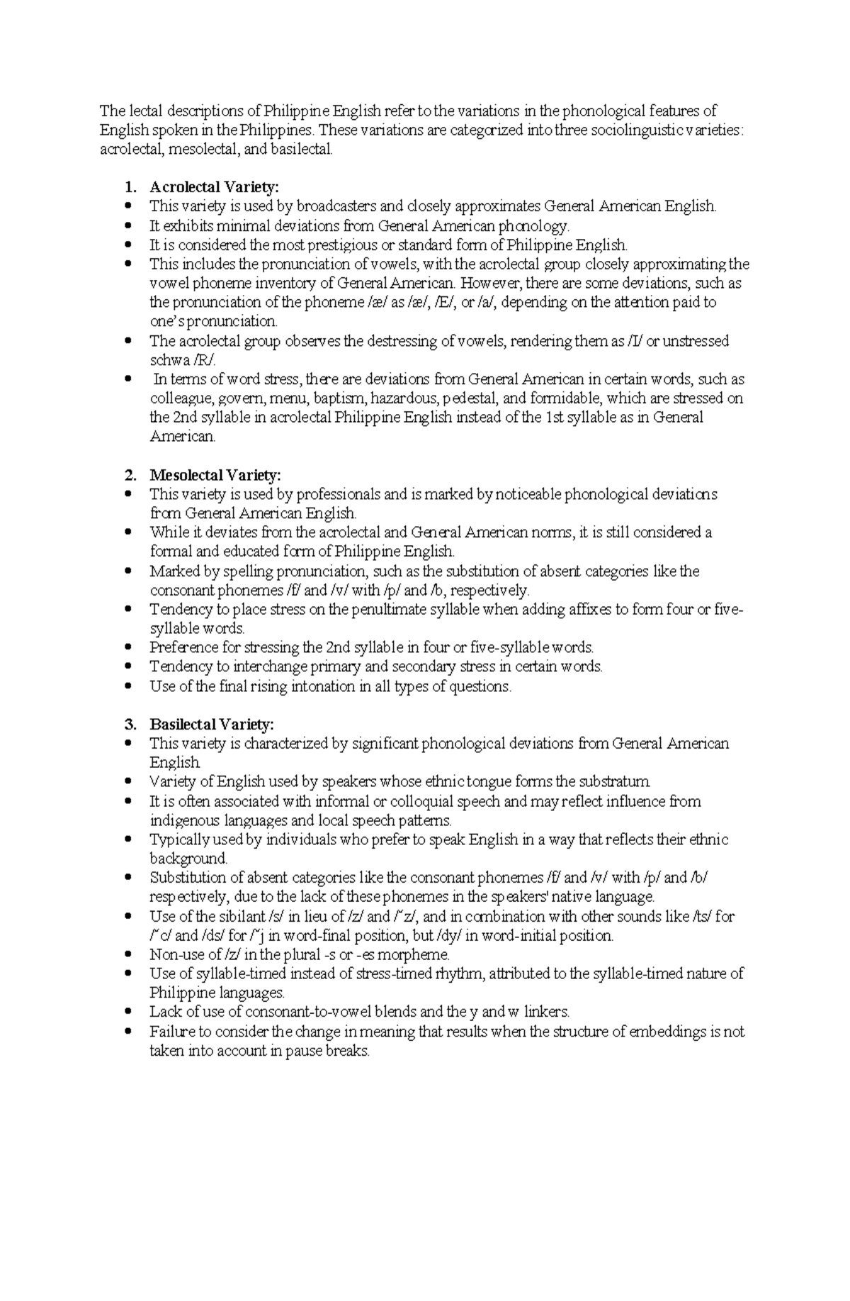 Lectal Description of Phonological Features of Philippine English - The ...