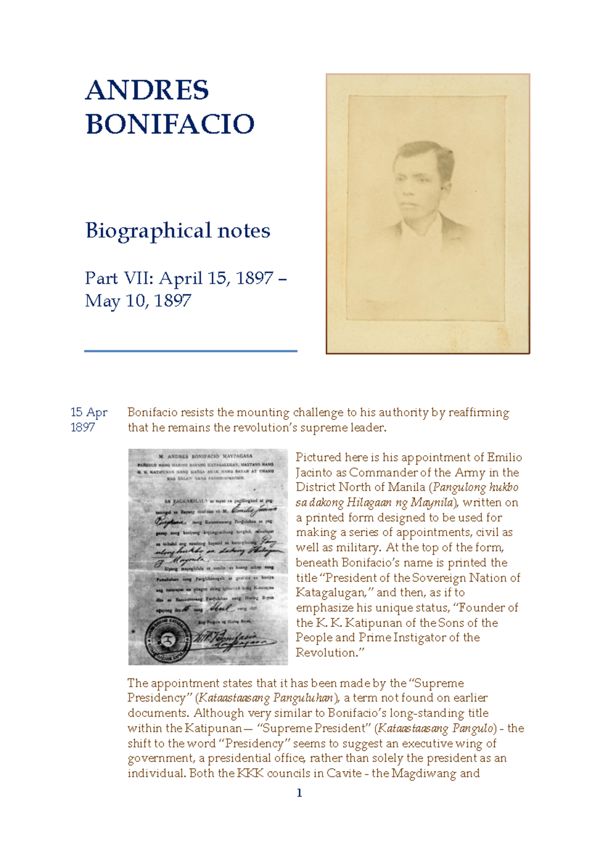 Andres Bonifacio Biographical notes Part - ANDRES BONIFACIO ...