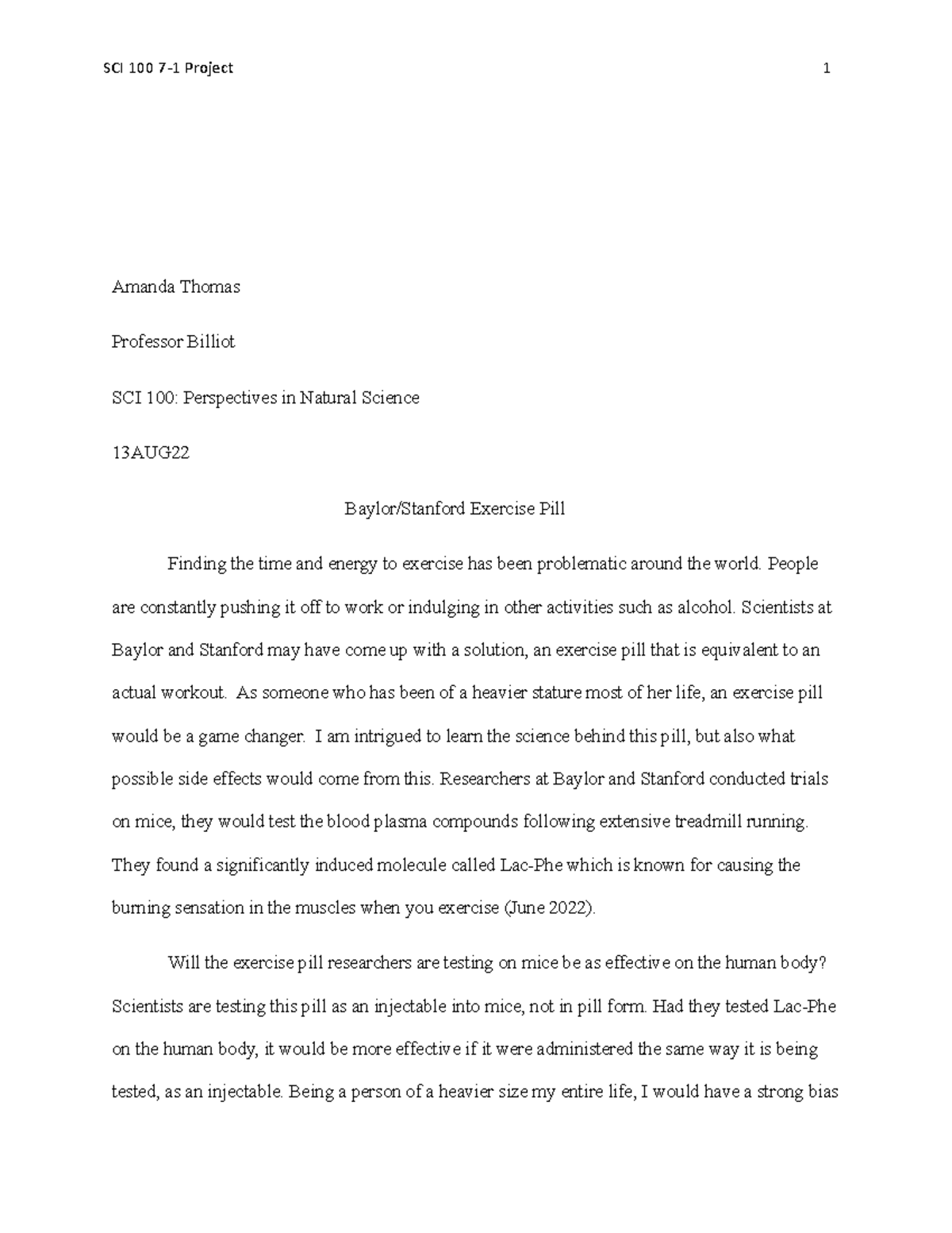 SCI 100 7-1 Project - SCI 100 7-1 Project 1 Amanda Thomas Professor ...