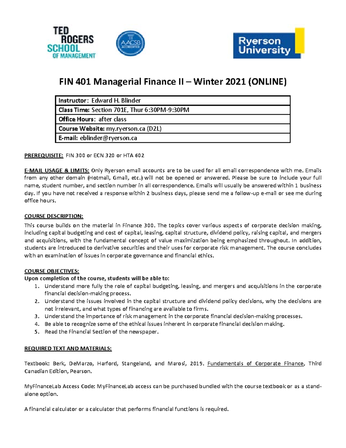 FIN401 Course Outline Sec 701E Thur W2021A - FIN 401 Managerial Finance ...