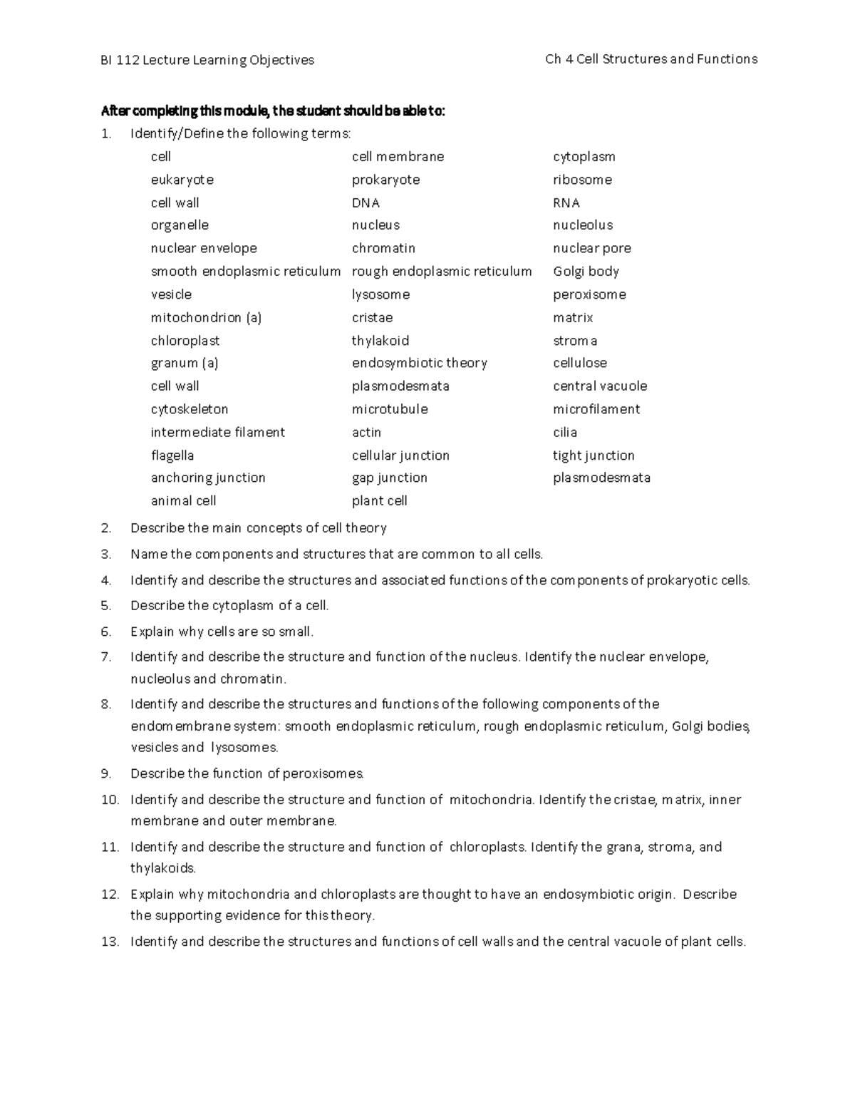 04 - Cell Structures and Functions Objectives - BI 112 Lecture Learning Objectives Ch 4 Cell ...