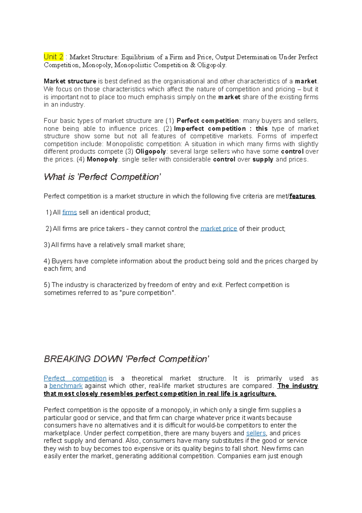 Unit 2 BE - Unit 2 BE - ####### Unit 2 : Market Structure: Equilibrium ...