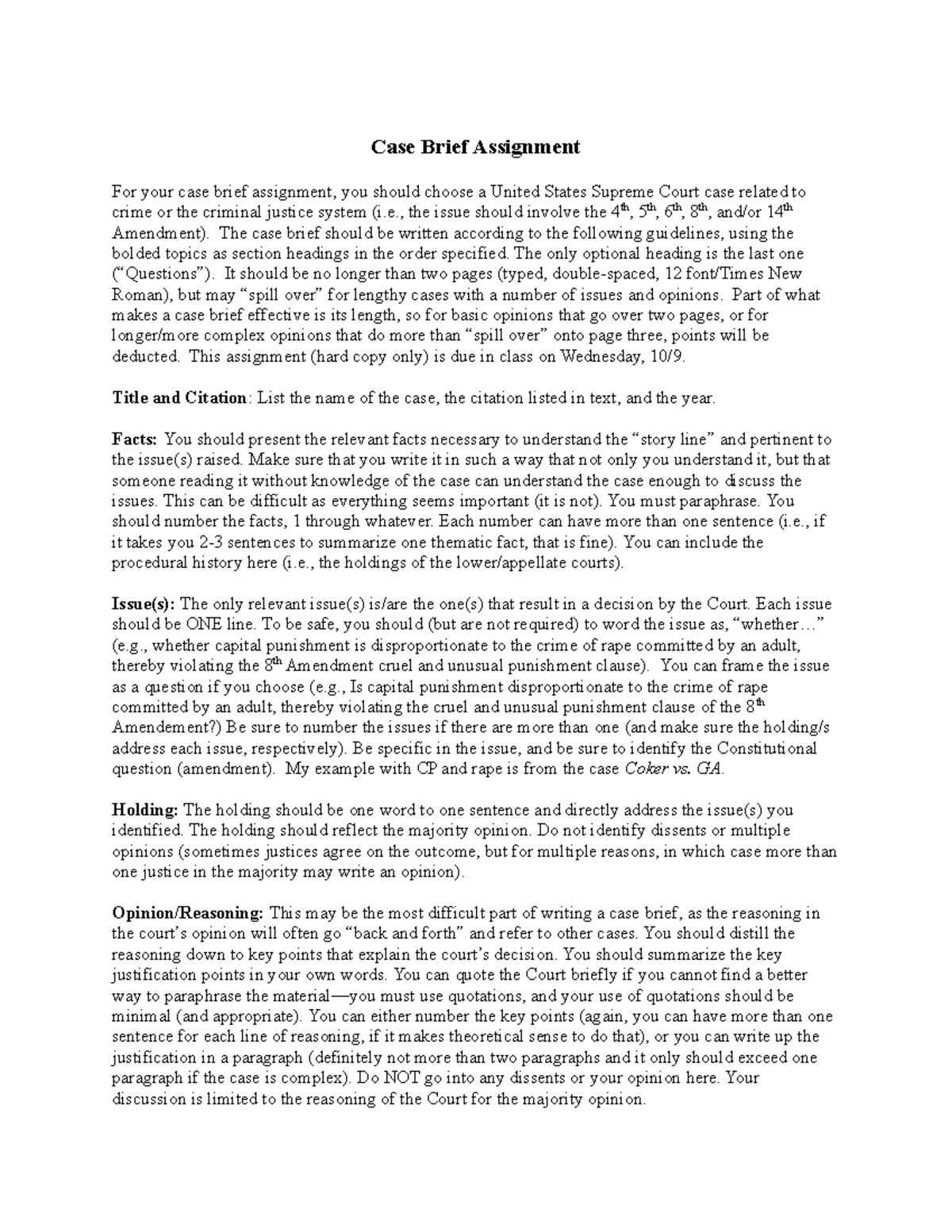 Case Brief analysis Assignment - Case Brief Assignment For your case ...