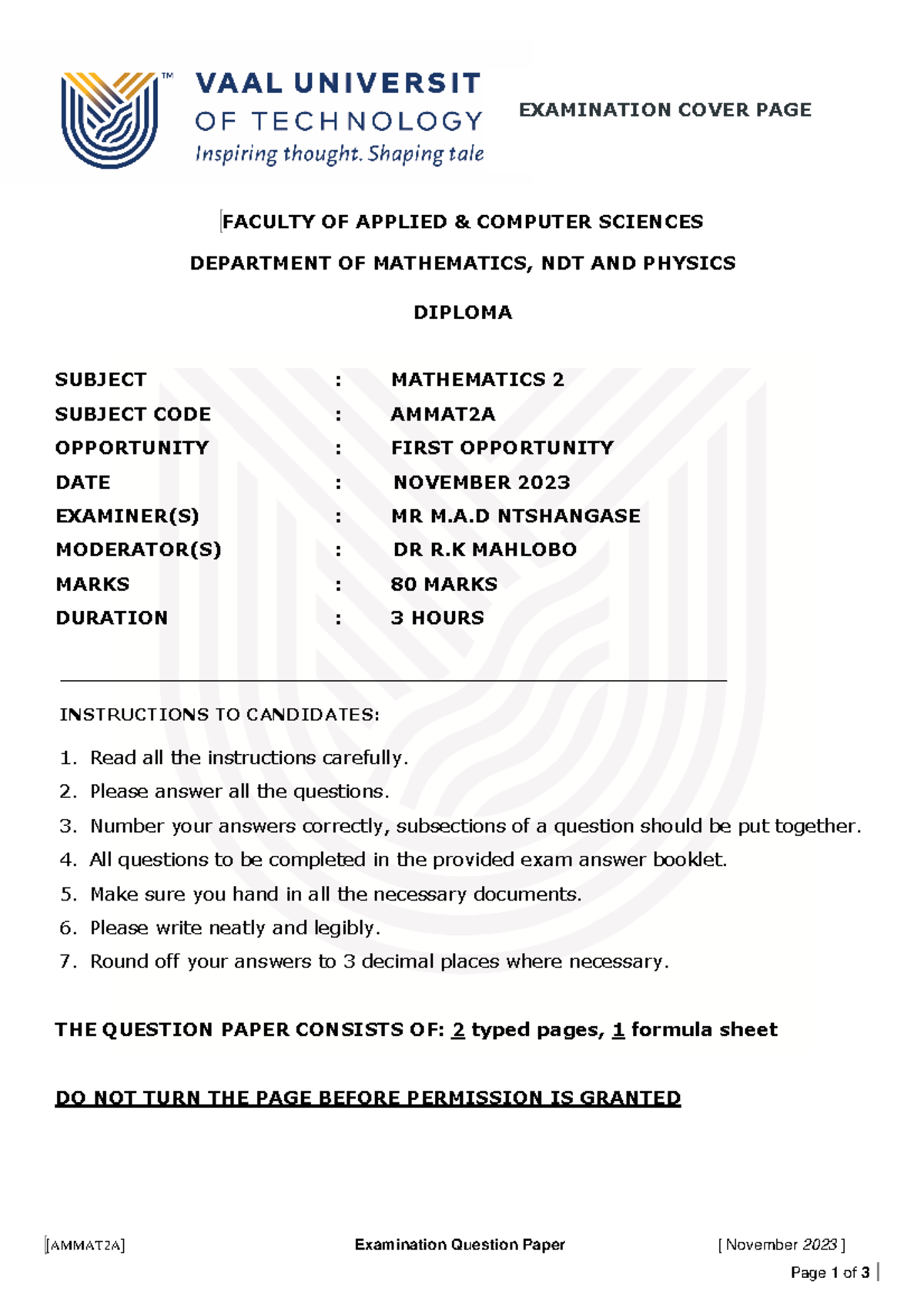 Maths 2 - Exam. OPP 1. NOV 2023. 23 - [AMMAT2A] Examination Question ...